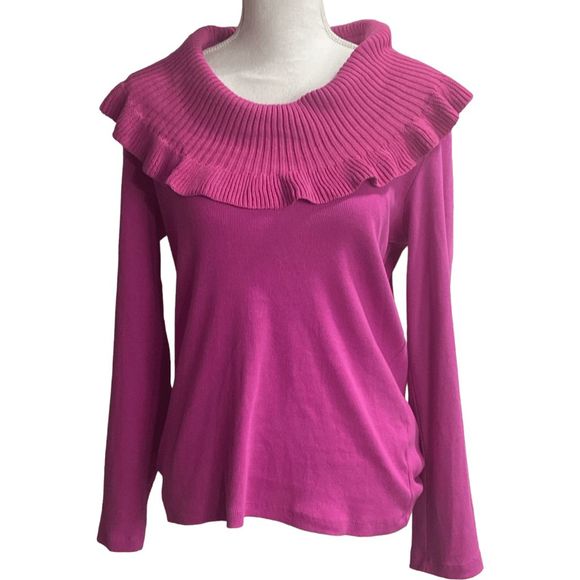 Rafaella | Sweaters | Rafaella Hot Pink Ruffle Neck Ribbed Knit ...